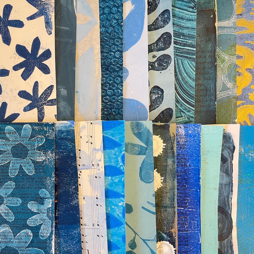 Blue Collage Kit, Collage Papers for Crafts, Stenciled Painted Papers ...