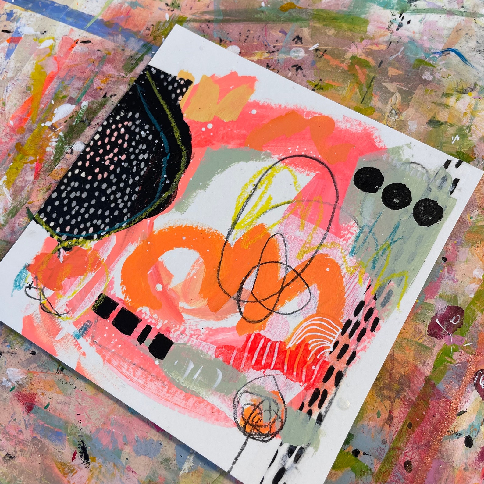 Colorful Painting Original, Abstract Art on Paper, Small Neon Art, 6x6 ...