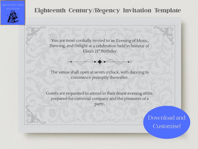 Editable Historical Eighteenth Century Regency Invitation Template - Etsy