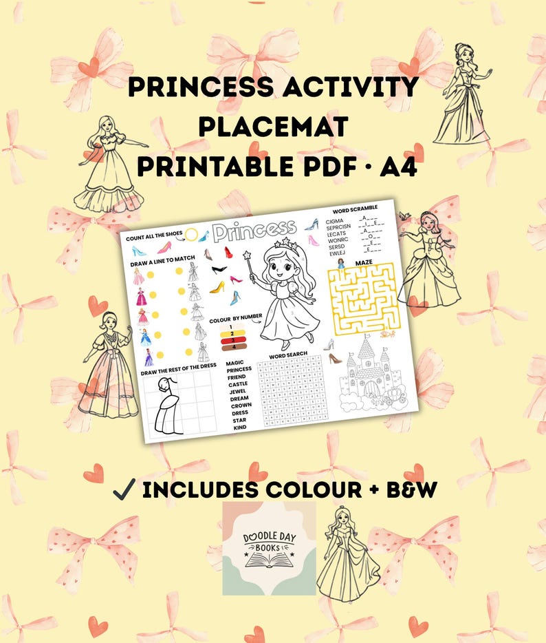 Princess Activity Placemat for Kids Printable, Games, Coloring, Maze ...