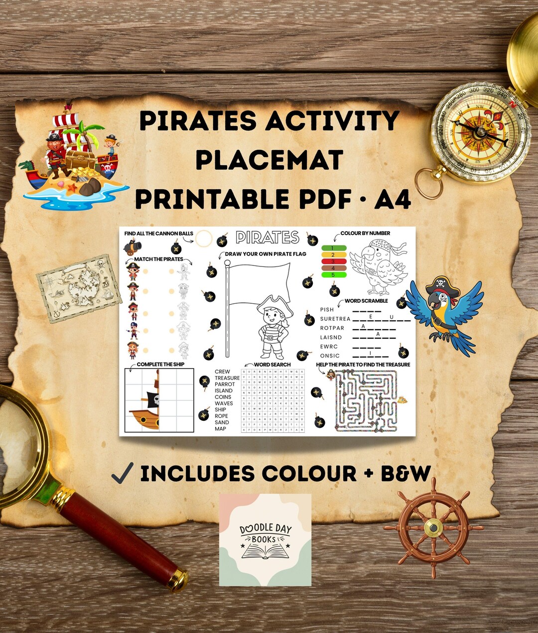 Pirate Activity Placemat for Kids | Reusable A4 | Pirate Games | Ages 4 ...