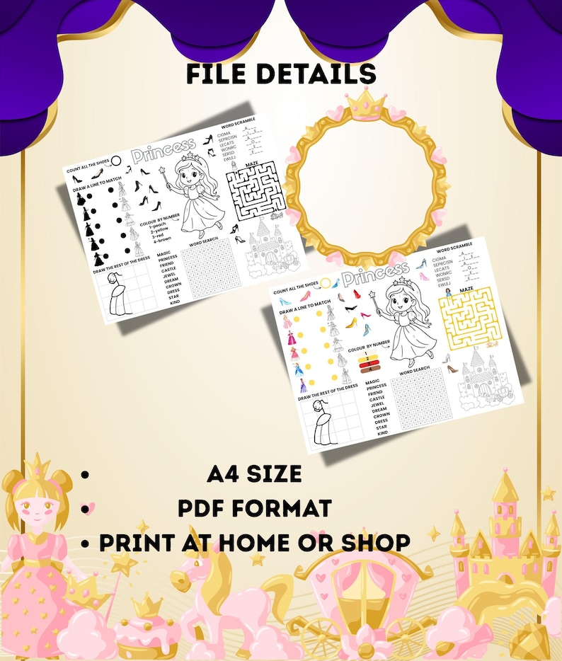 Princess Activity Placemat for Kids Printable, Games, Coloring, Maze ...