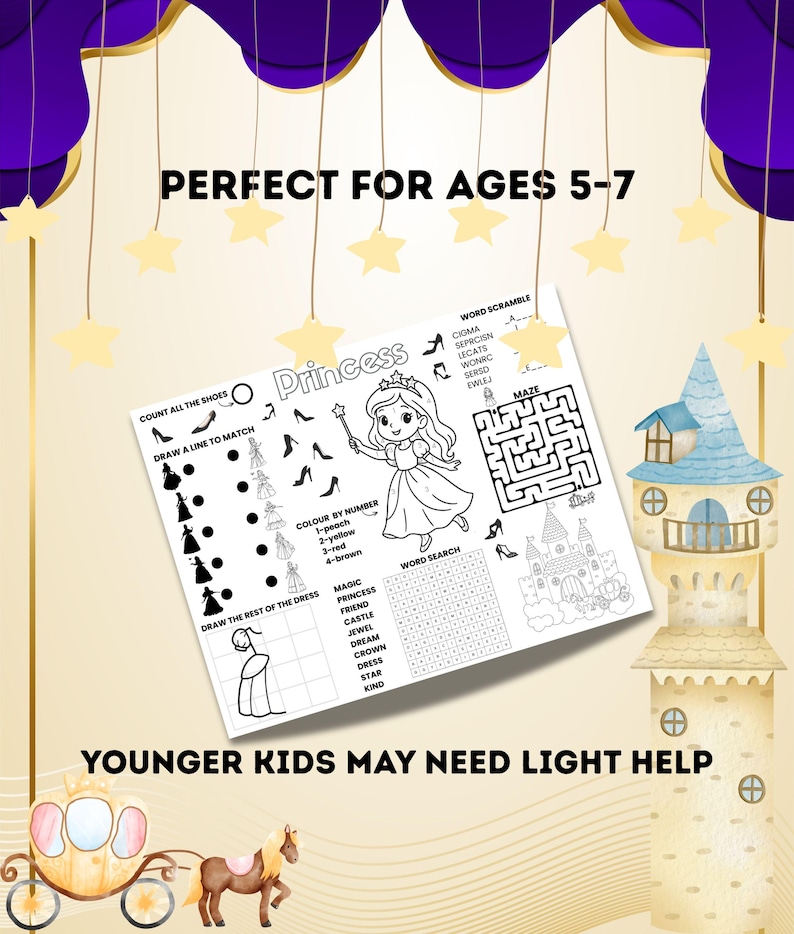 Princess Activity Placemat for Kids Printable, Games, Coloring, Maze ...