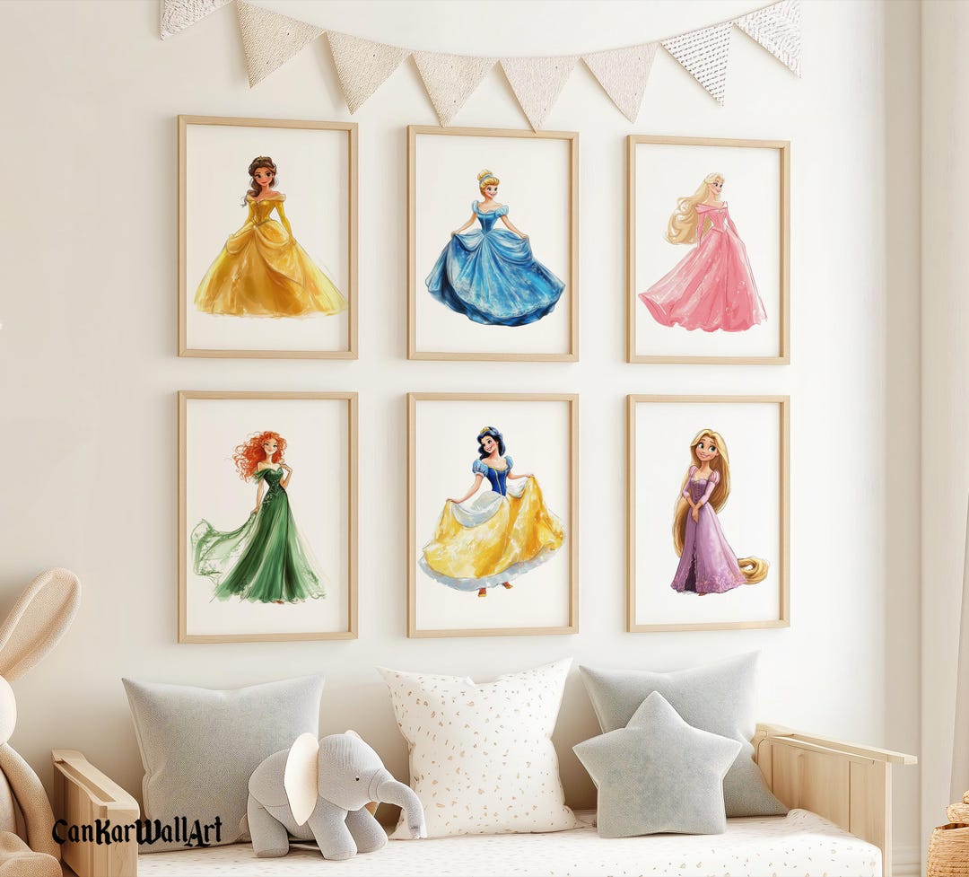 Set of 8 Princess Watercolor Prints, Girls Nursery Wall Art Decor ...