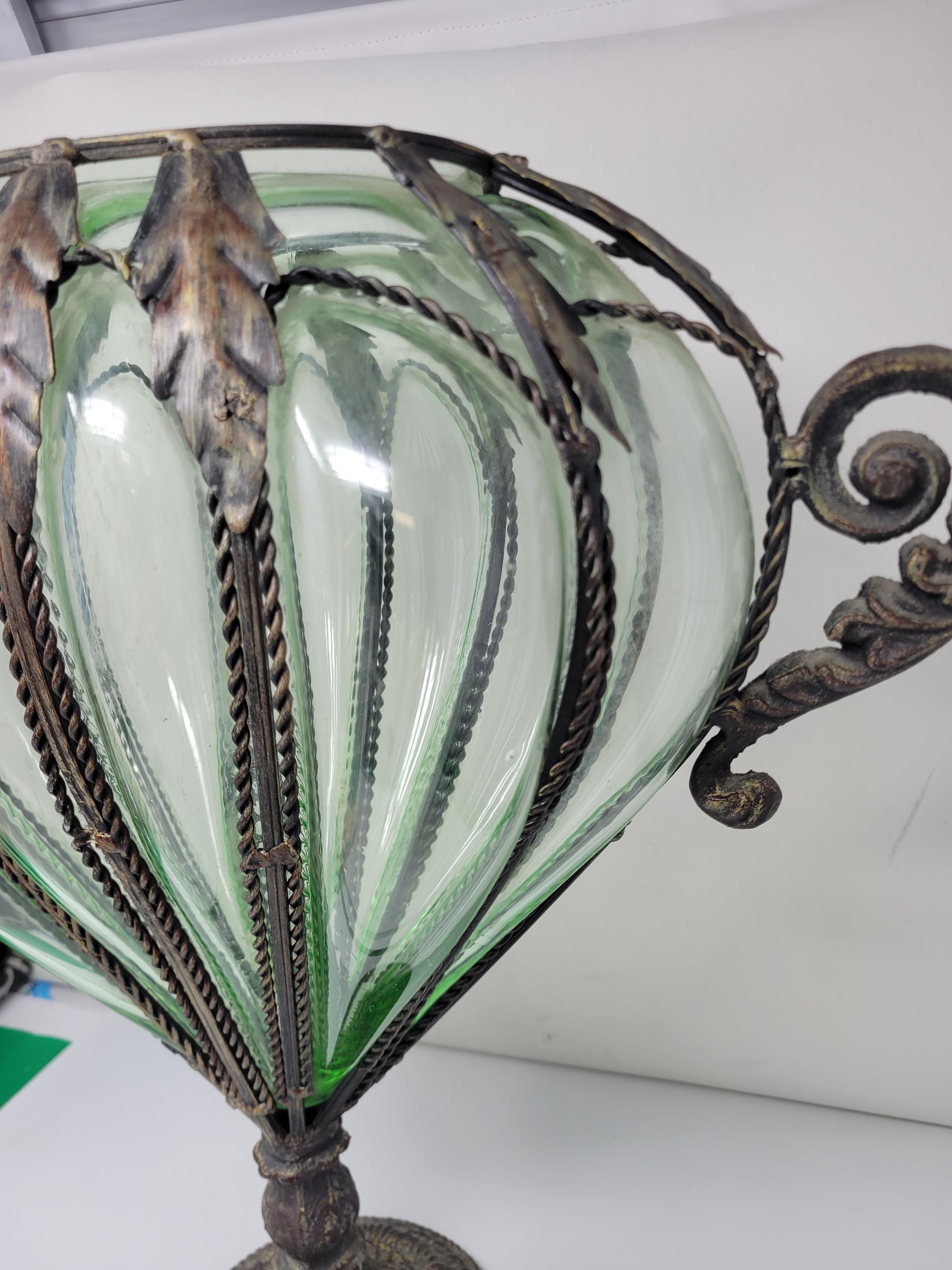 Large Green Ribbed Glass Urn Vase • Decorative Metal Stand - Etsy