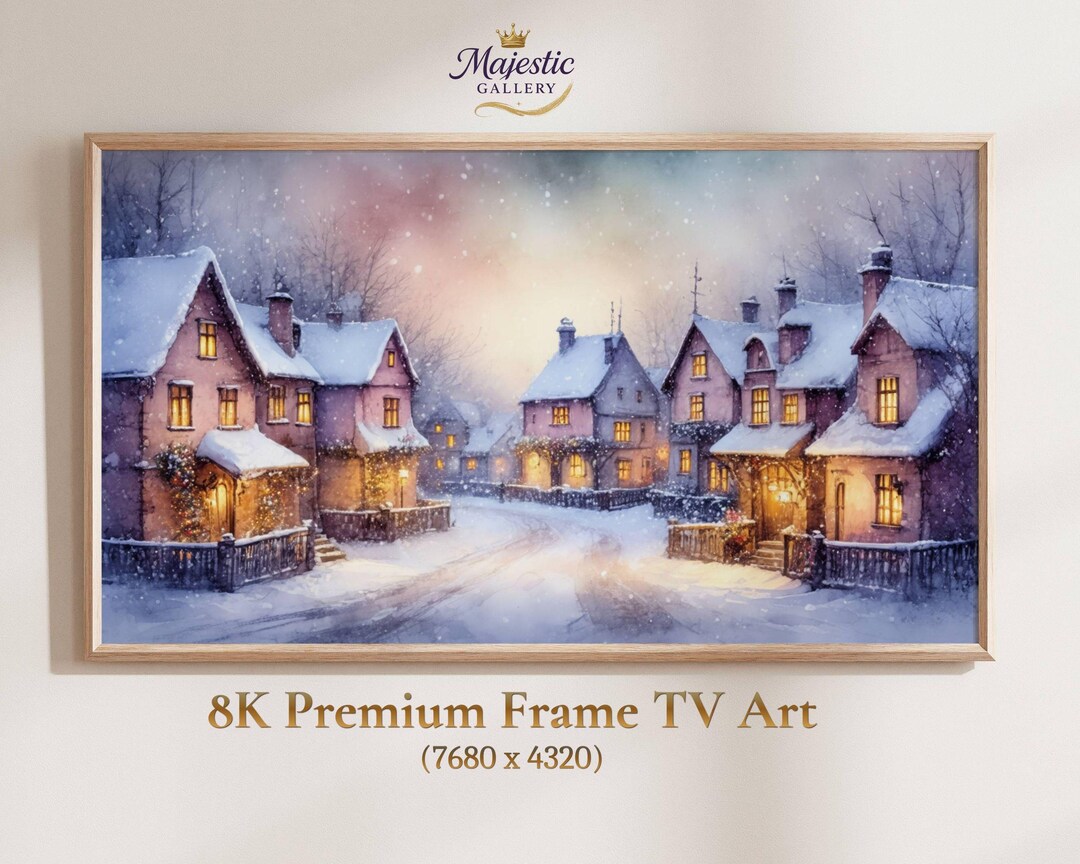 Cozy Winter Village Frame TV Art | Dreamy Snowy Town Watercolor Scene ...