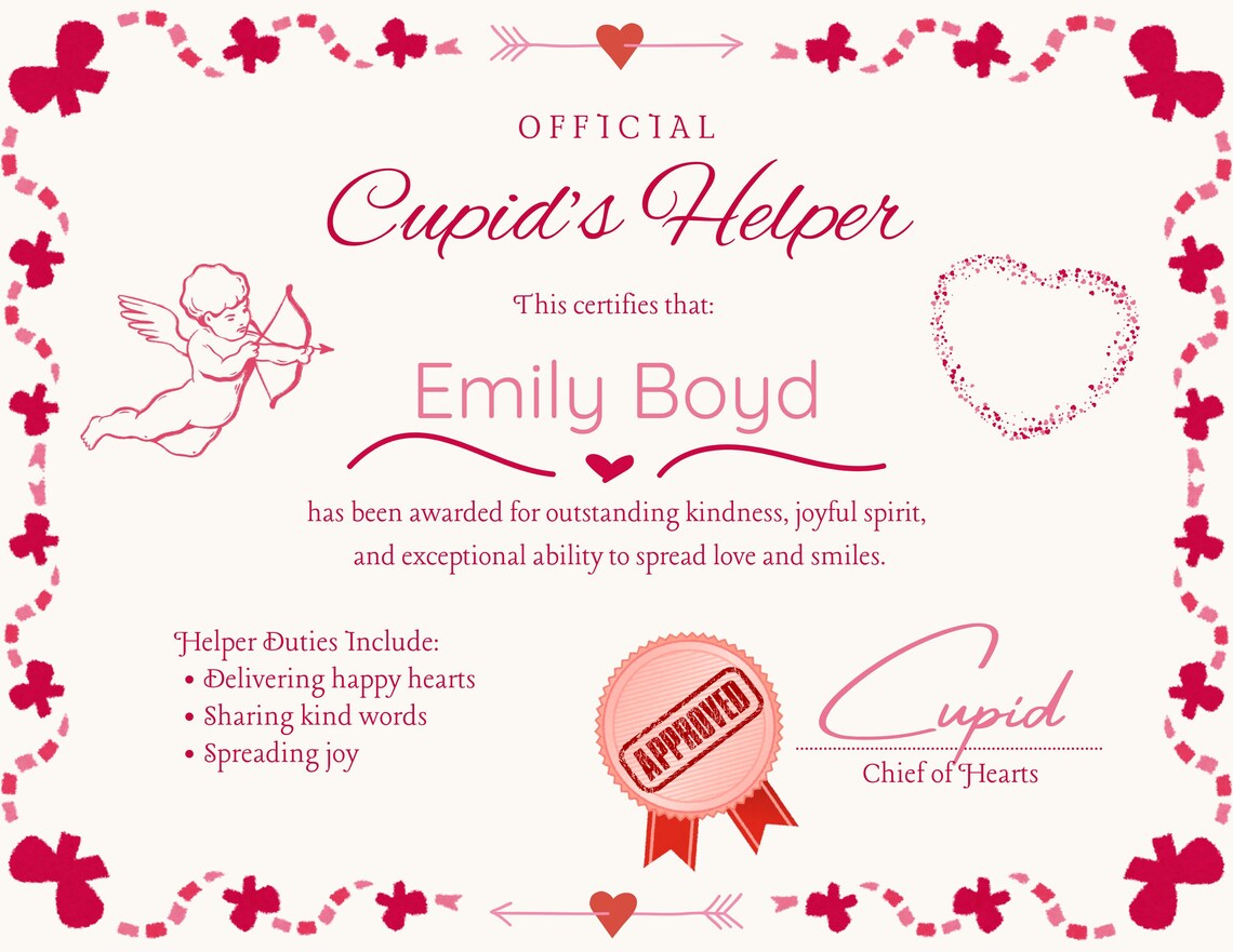 Editable Cupid Helper Certificate, Valentine's Day Gift (canva Template ...