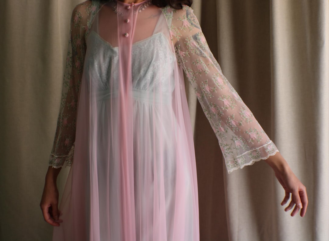 Vintage Pink Lace Robe / Translucent Robe / 60's Floral Lingerie Robe ...