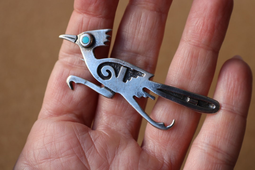 Roadrunner Brooch / Hopi Bird Pin / Vintage Sterling Turquoise Bird ...
