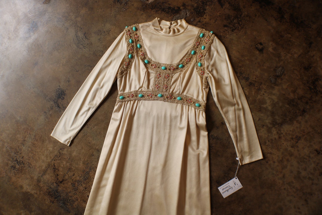 Vintage Jeweled Gown / Long Sleeve Champagne Maxi With Gold Bodice ...