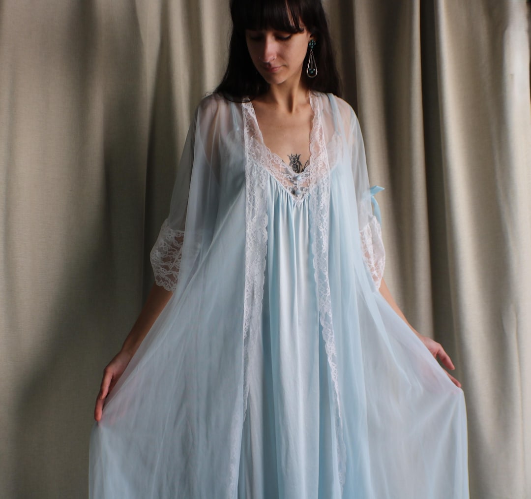 Vintage Night Gown Set / Matching Translucent Robe and Slip / Women's ...