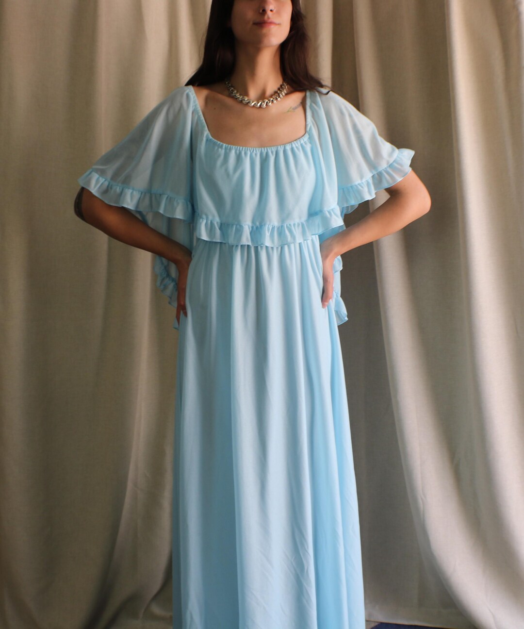 70's Light Blue Gown / Vintage Cape Maxi Dress / Small to Medium Women ...