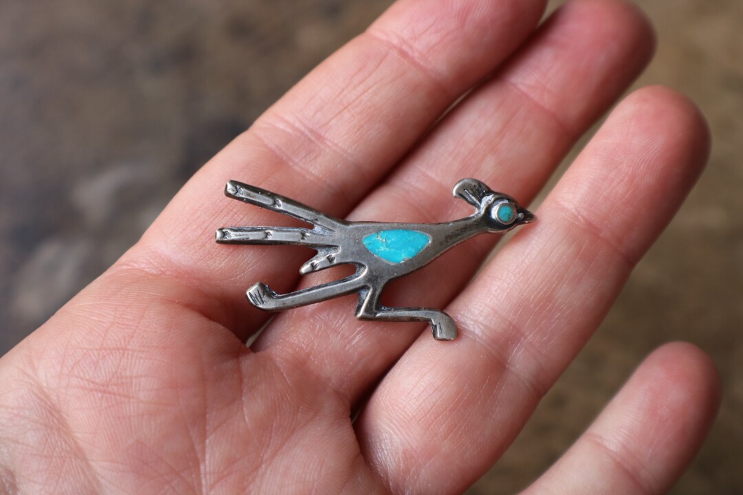 Roadrunner Brooch / Southwest Bird Pin / Vintage Sterling Turquoise ...