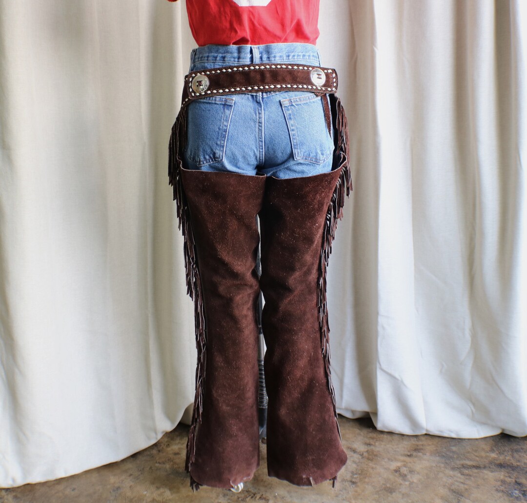 Fringed Leather Chaps / Vintage Western Women's Chaps / Brown Suede ...