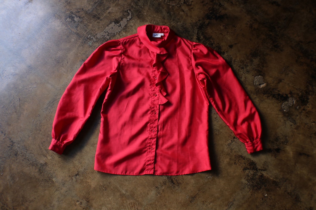 Red Ruffled Blouse / Collared Full Sleeve Blouse / Medium to Large Top ...