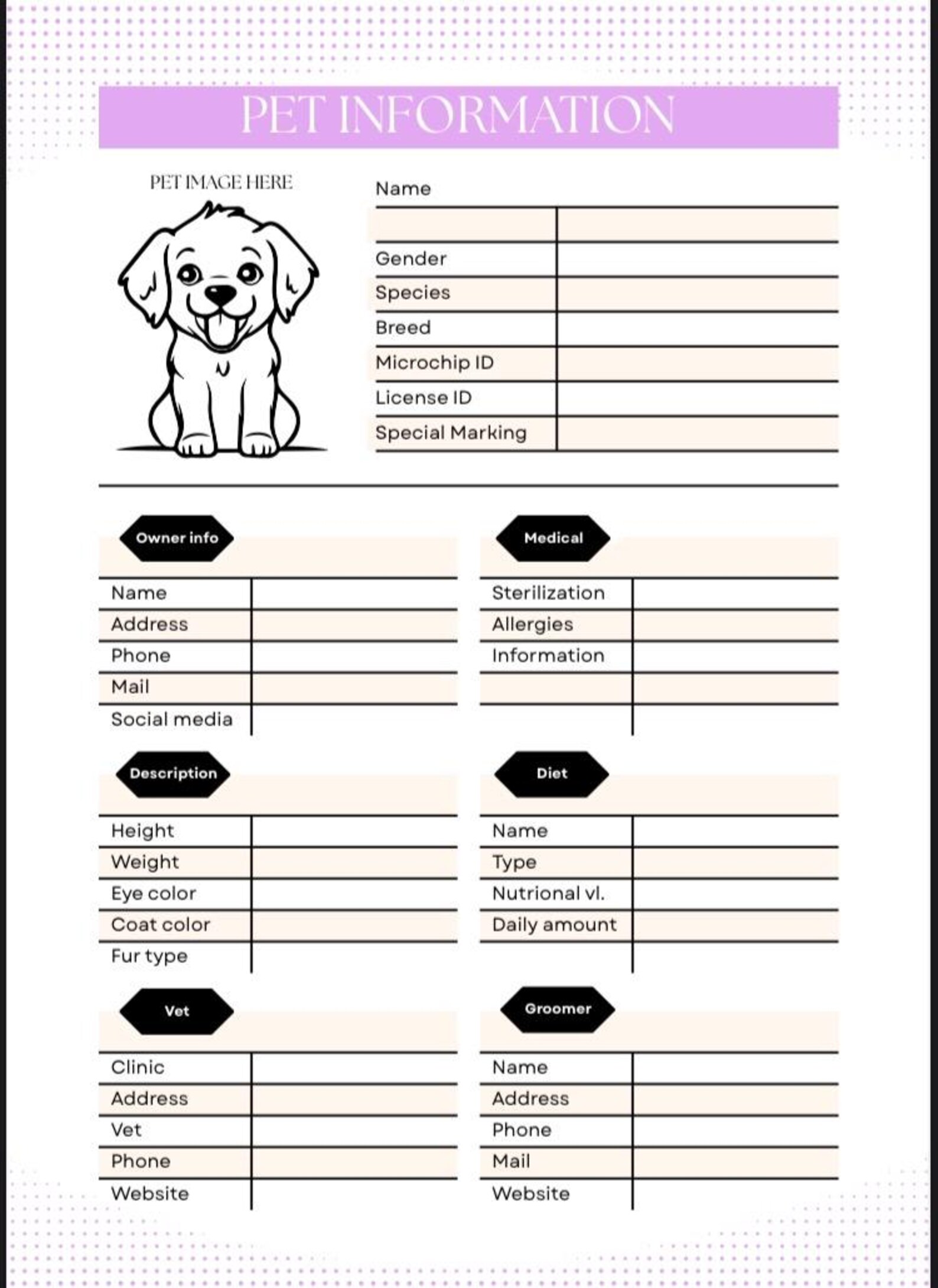 Pet Information Sheet | Printable Pet Care Planner | Pet Sitter Info ...