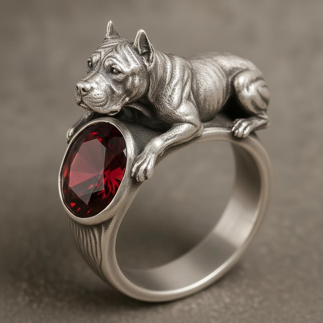 Sterling Silver Pit Bull Ring With Deep Red Garnet, Handcrafted Dog ...