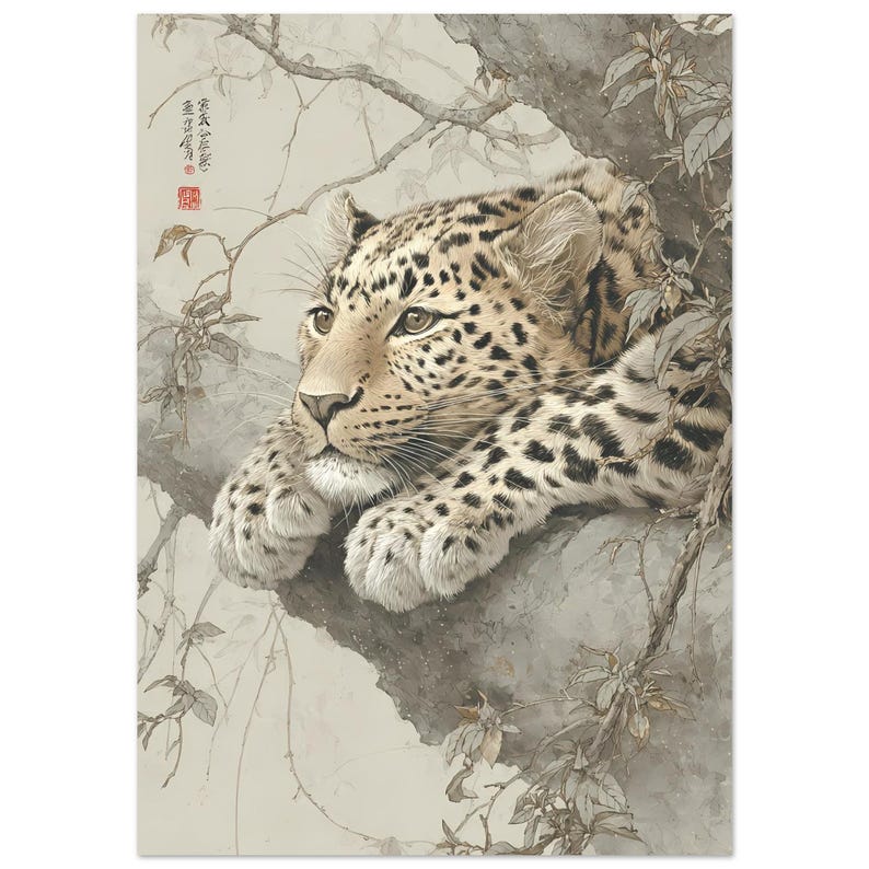 Leopard Ink Wildlife Print | Traditional Asian Style Art | Elegant ...