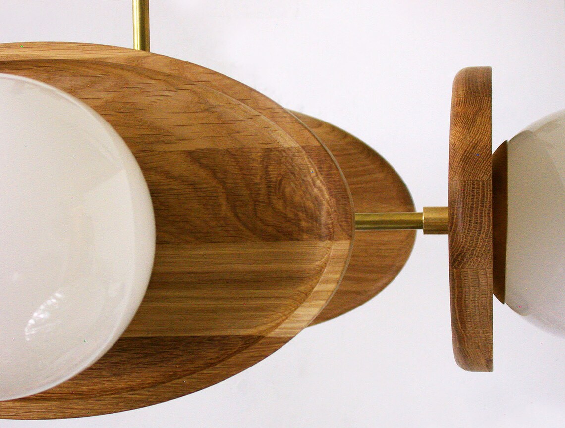 Mid Century Modern Quattro Oak and Opal Glass Globes Chandelier Kitchen ...