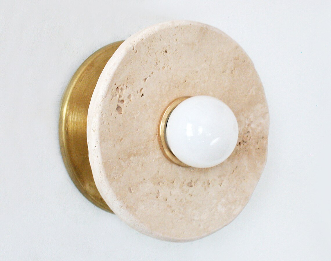 Travertine Stone and Brass Round Minimalist Fixture Light - Etsy