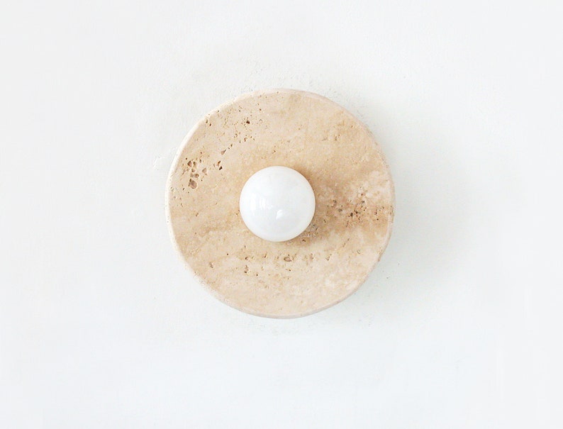 Travertine Stone and Brass Round Minimalist Fixture Light Travertine ...