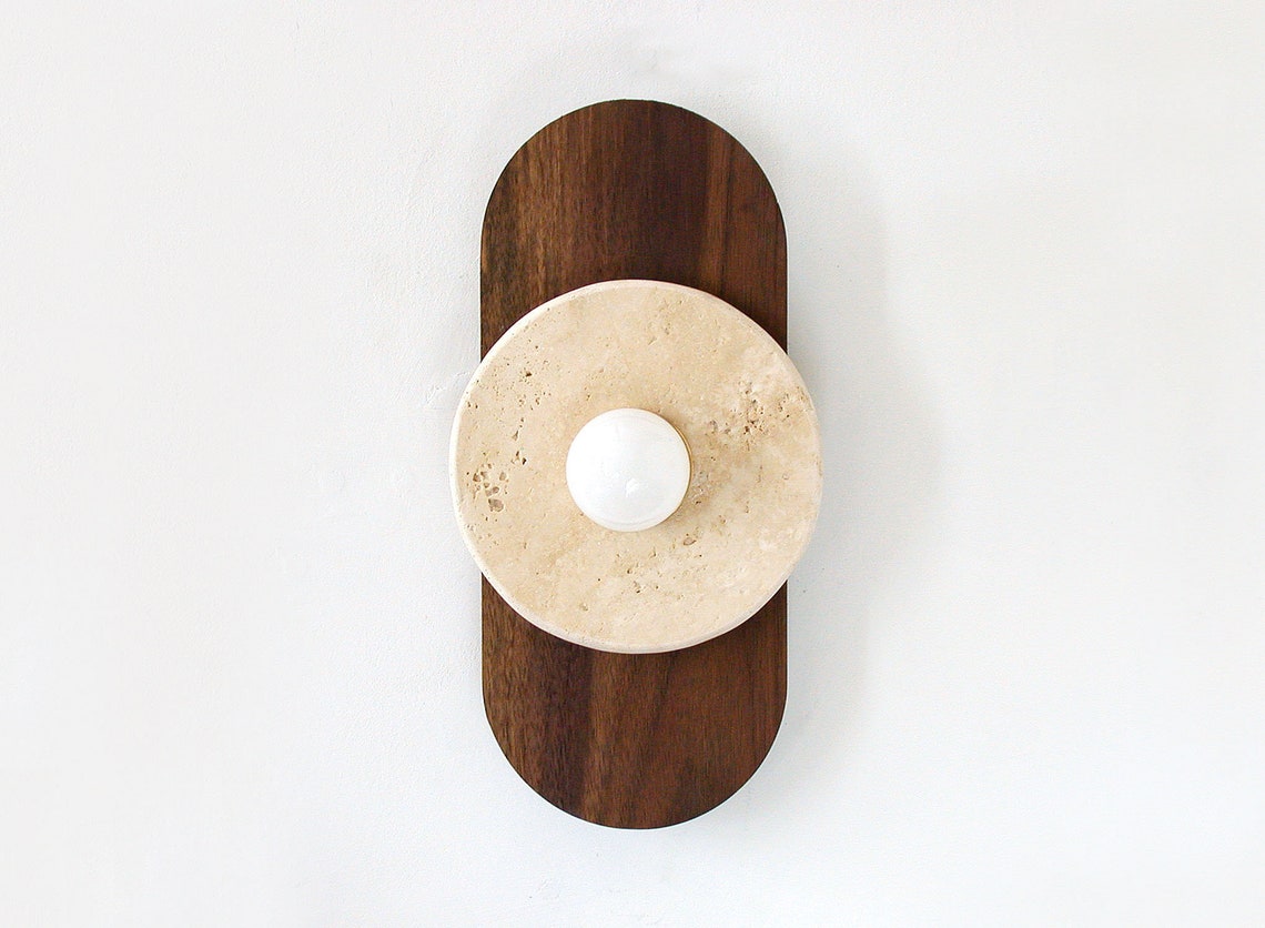 Oval Walnut and Round Travertine Stone Sconce Light Walnut - Etsy