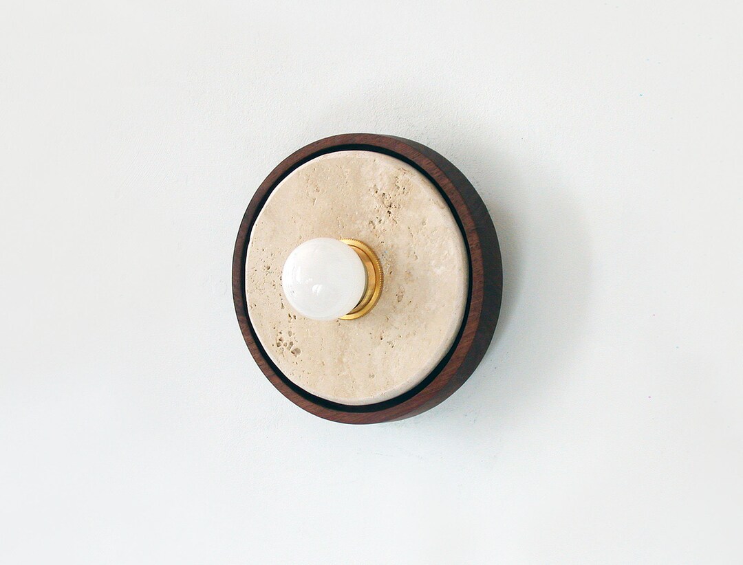 Walnut and Travertine Round Sconce Light Travertine Vanity Lighting ...