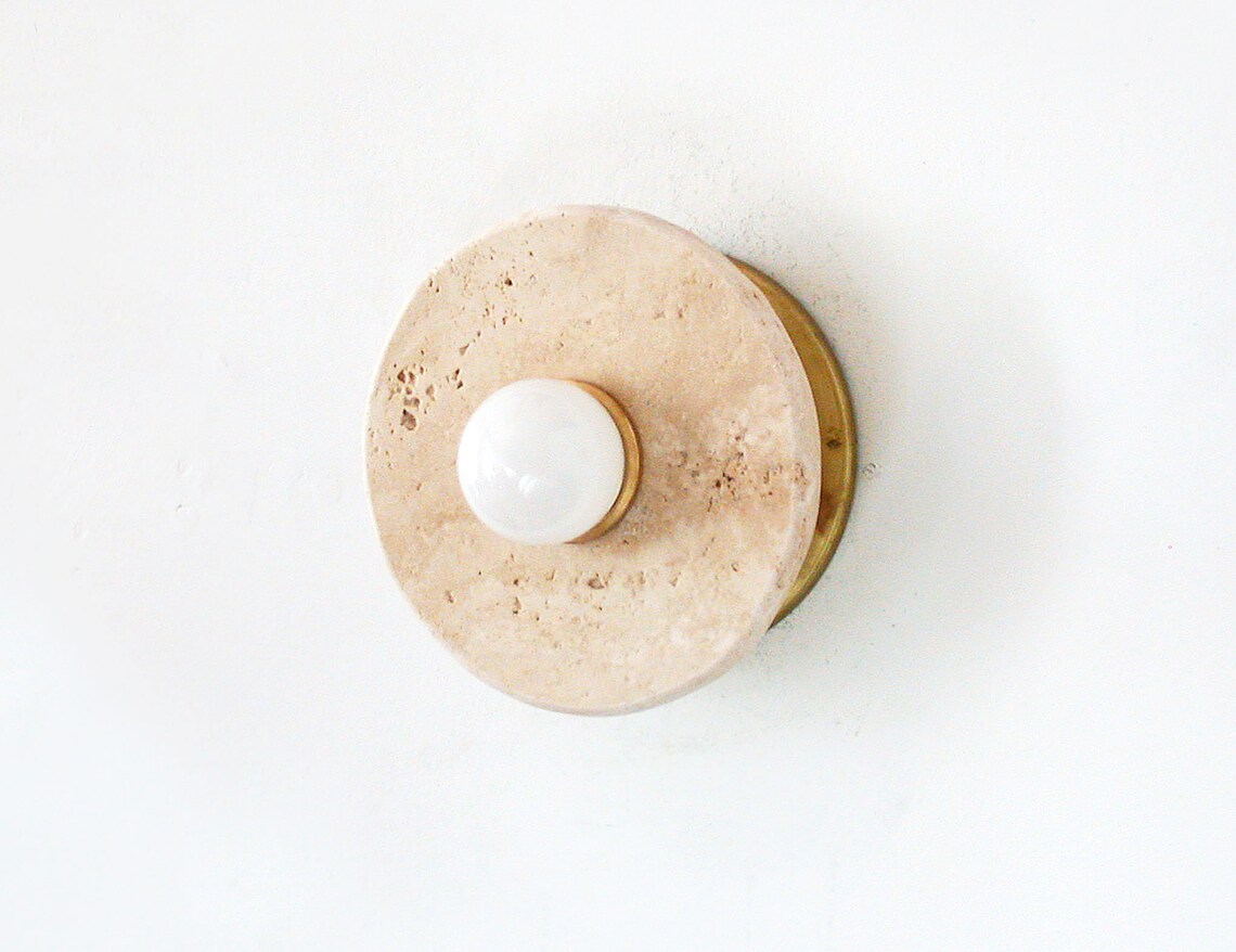 Travertine Stone and Brass Round Minimalist Fixture Light Travertine ...