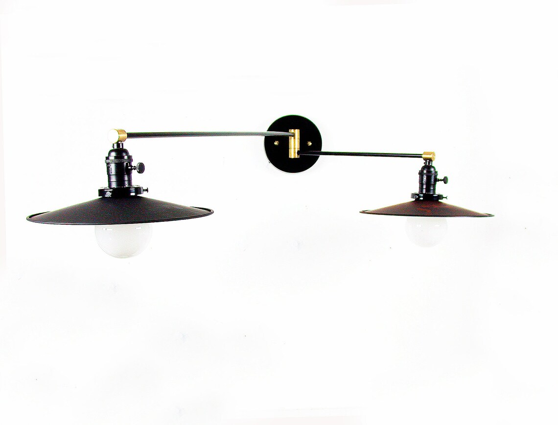 Double Swing Arm Industrial Wall Lamp Black Shades Industrial | Etsy
