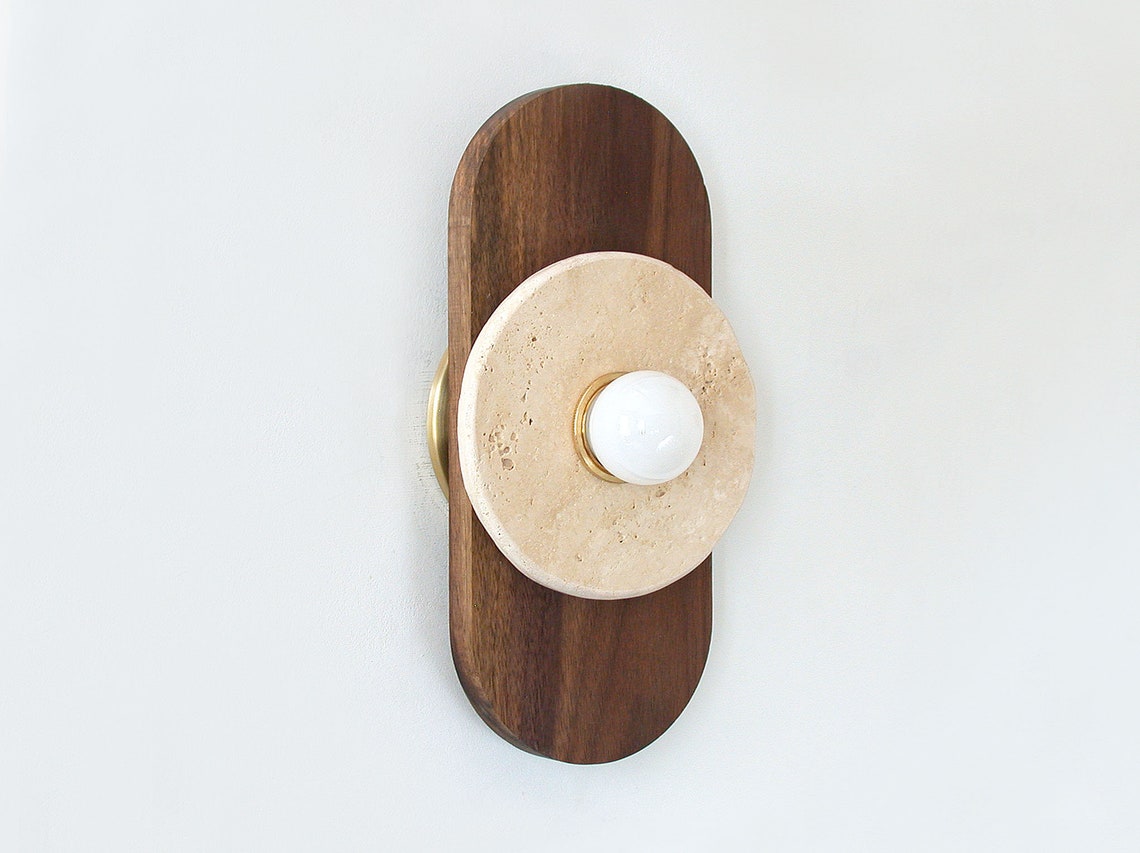 Oval Walnut and Round Travertine Stone Sconce Light Walnut - Etsy