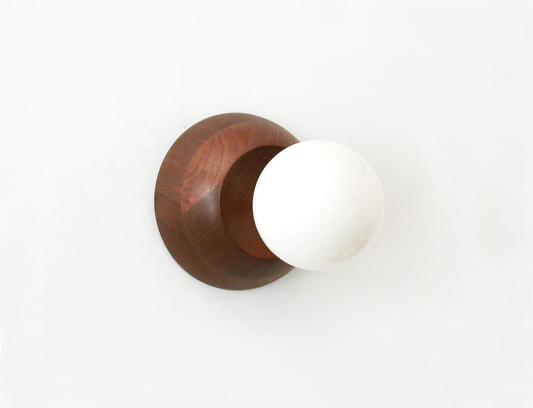 Walnut and Opal Glass Globe Wall Fixture Light Mid Century Modern ...