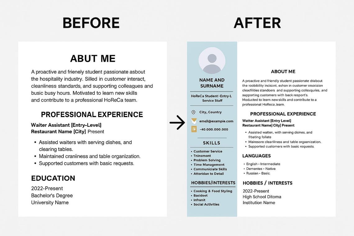 Hospitality Resume Template | Entry Level Horeca CV | Canva - Etsy
