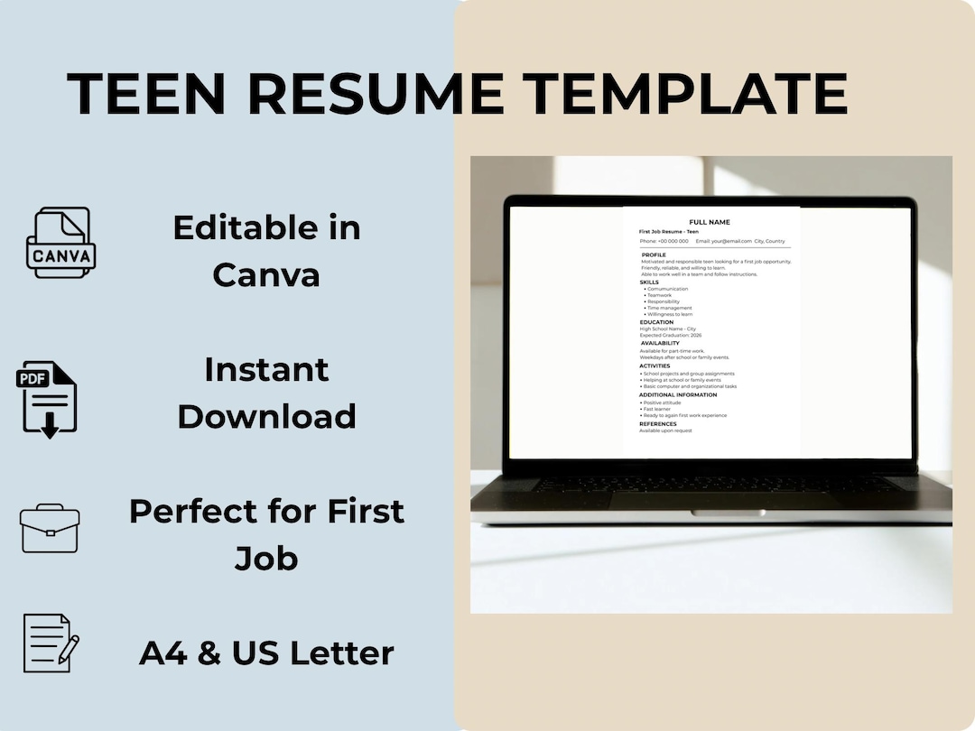 Teen Resume Template | First Job Resume | No Experience Canva CV - Etsy