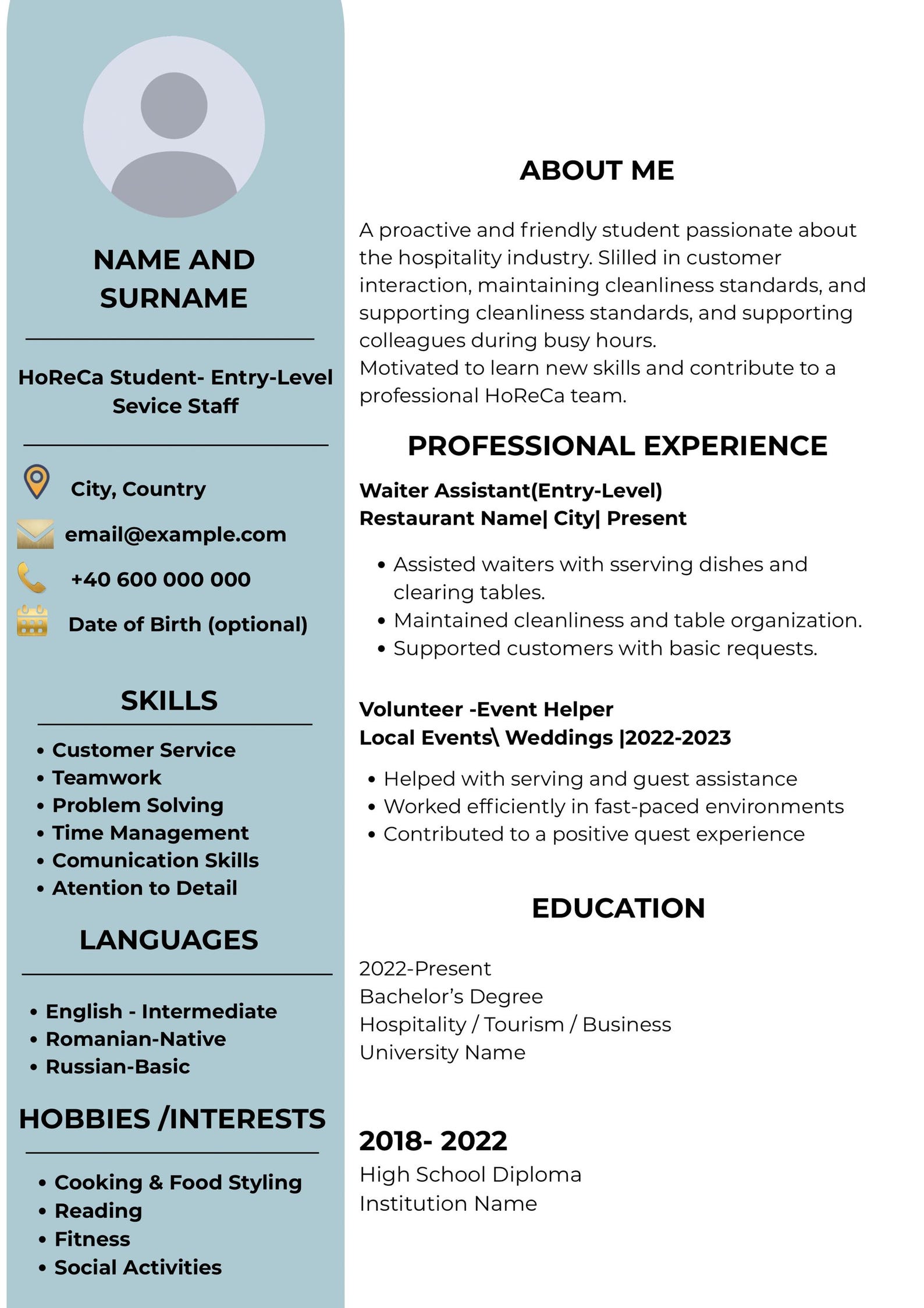 Hospitality Resume Template | Entry Level Horeca CV | Canva - Etsy