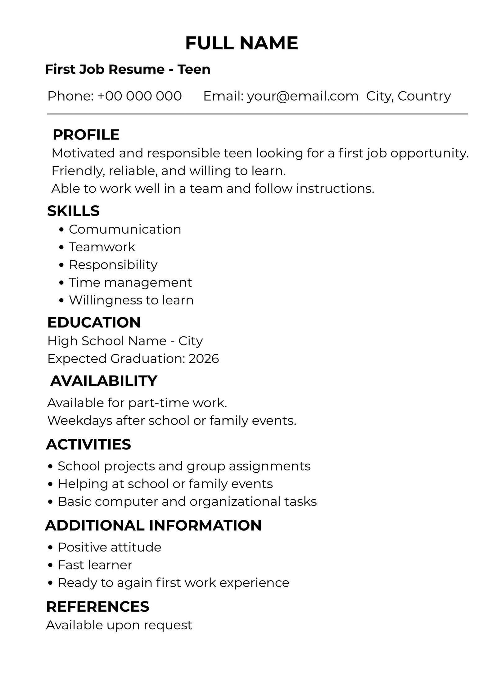 Teen Resume Template | First Job Resume | No Experience Canva CV - Etsy