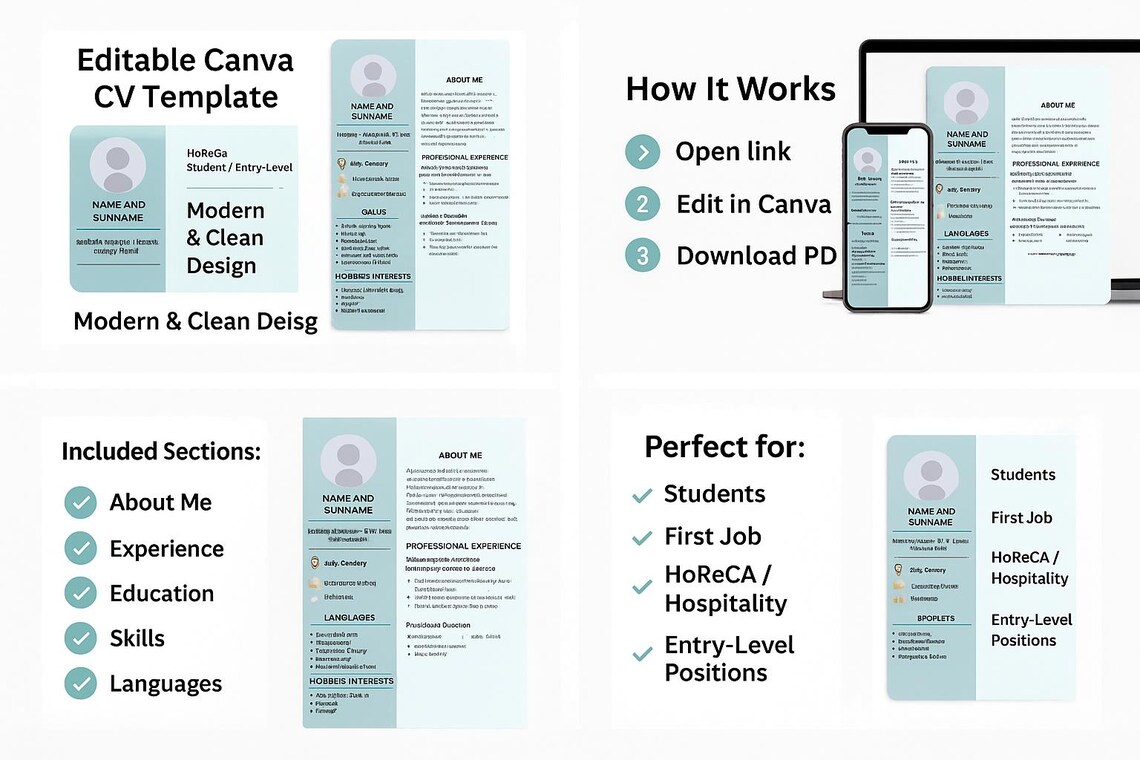 Hospitality Resume Template | Entry Level Horeca CV | Canva - Etsy