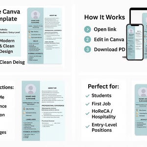 Hospitality Resume Template | Entry Level Horeca CV | Canva - Etsy