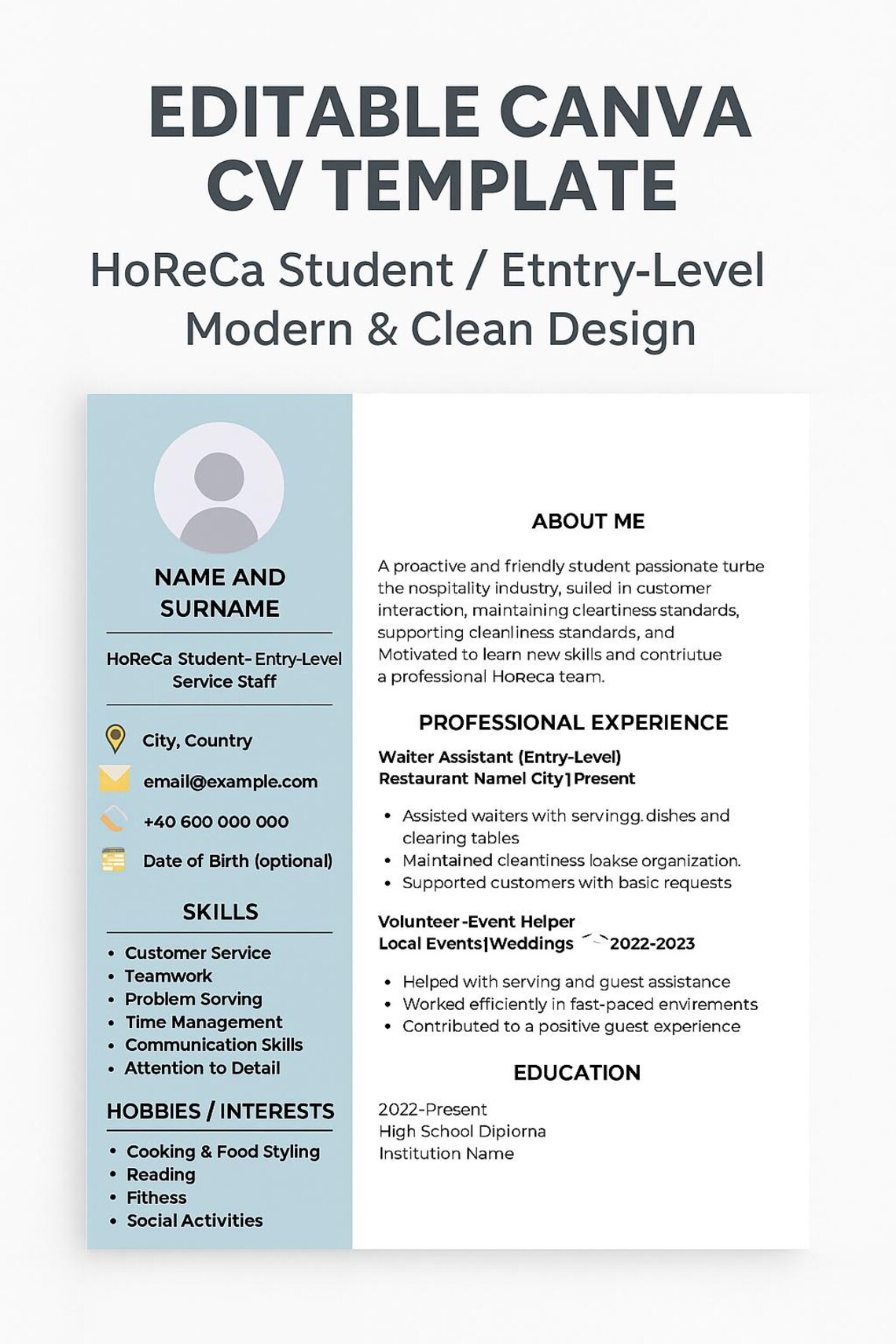 Hospitality Resume Template | Entry Level Horeca CV | Canva - Etsy