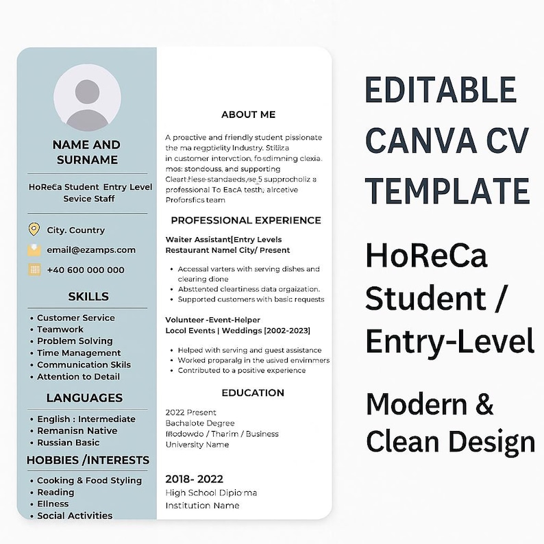 Hospitality Resume Template | Entry Level Horeca CV | Canva - Etsy