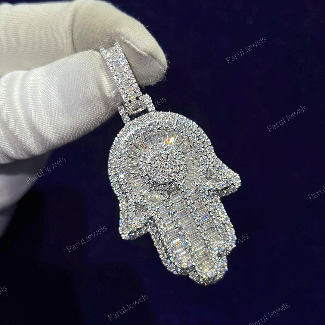 Iced Out Hamsa Hand Pendant, VVS Diamond Hamza Necklace, Lab Grown ...