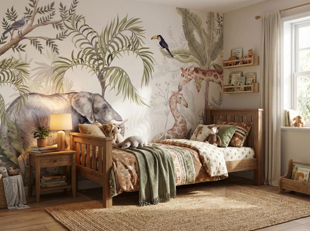 Safari Animals Nursery Wallpaper - Kids & Baby Room Tropical Forest ...