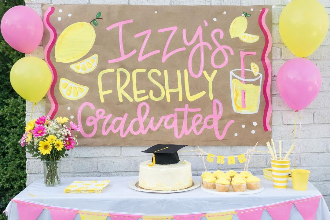 Hand-painted Graduation Banner, Pink Lemonade Theme, Photo Backdrop ...