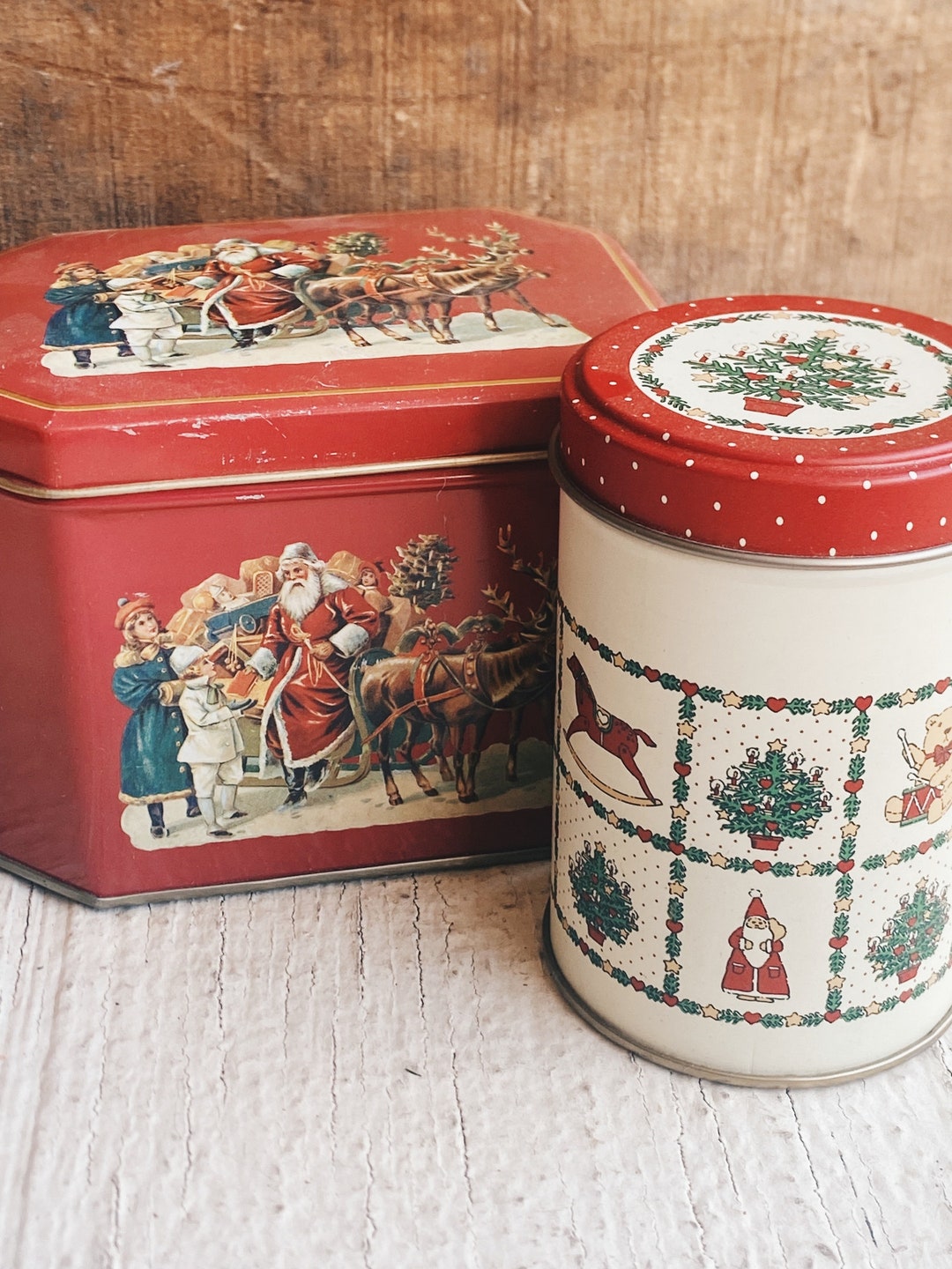 Vintage Christmas Tin Set, Santa Tin, Santas Sleigh Tin Cylinder ...
