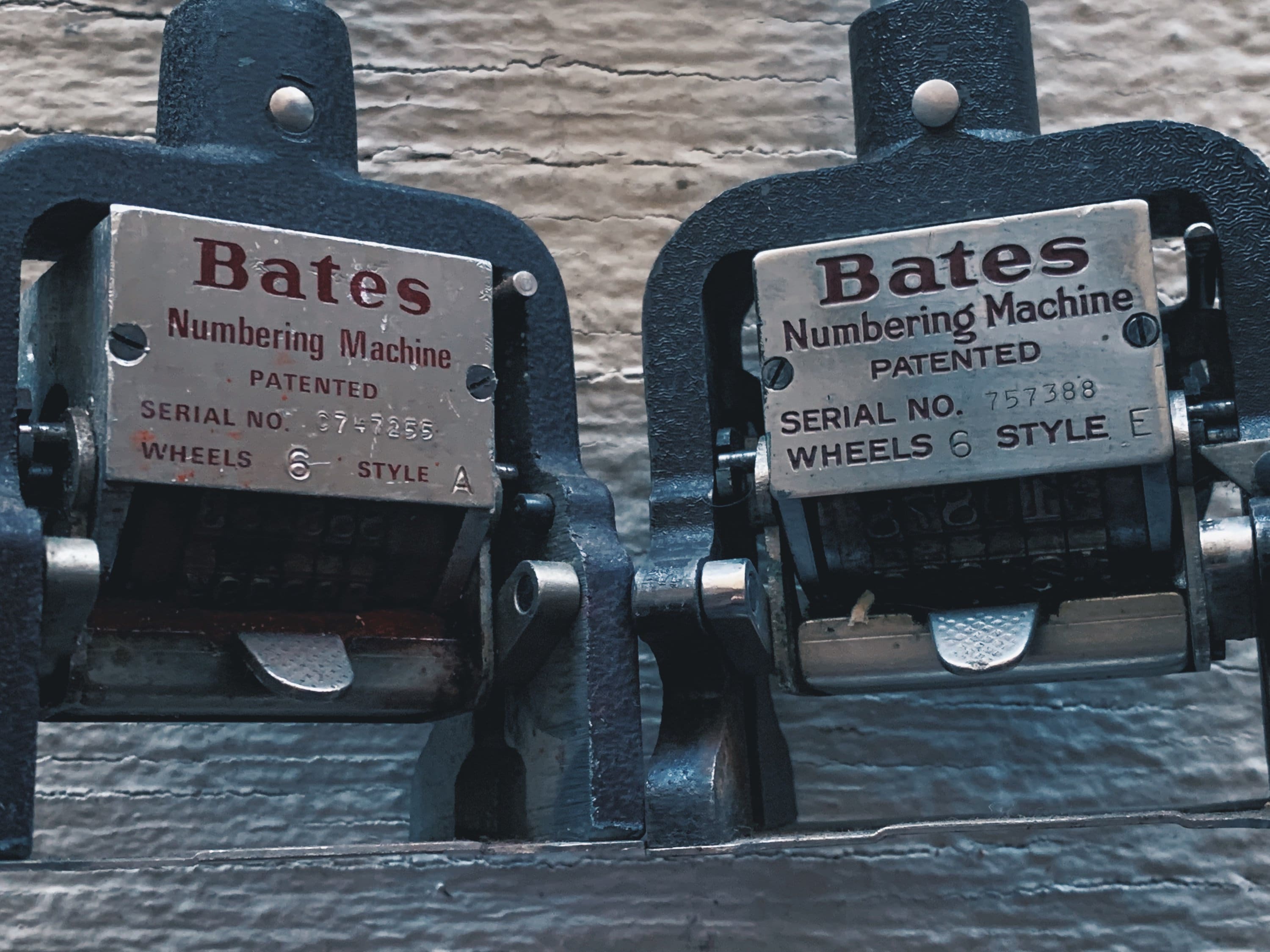 Vintage Bates Stamp Numbering Machine 2 Red And Black Ink Bates vintage-bates-stamp-numbering-machine-2-red-and-black-ink-bates