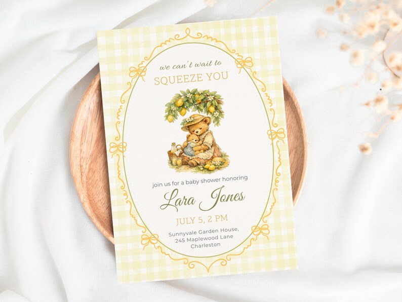 Lemon Baby Shower Invitation, Vintage Teddy Bear Baby Shower Invite ...