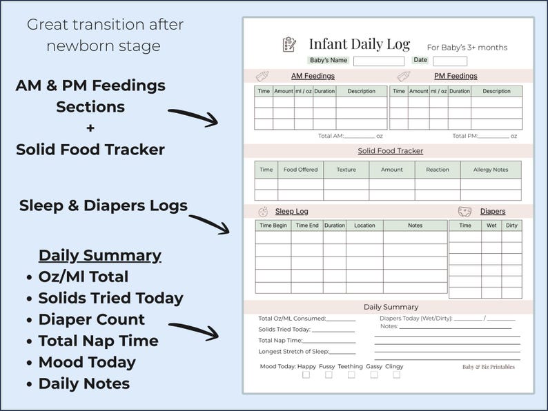 Infant Daily Log Printable for 3+ Months Feeding Sleep Diaper Tracker ...