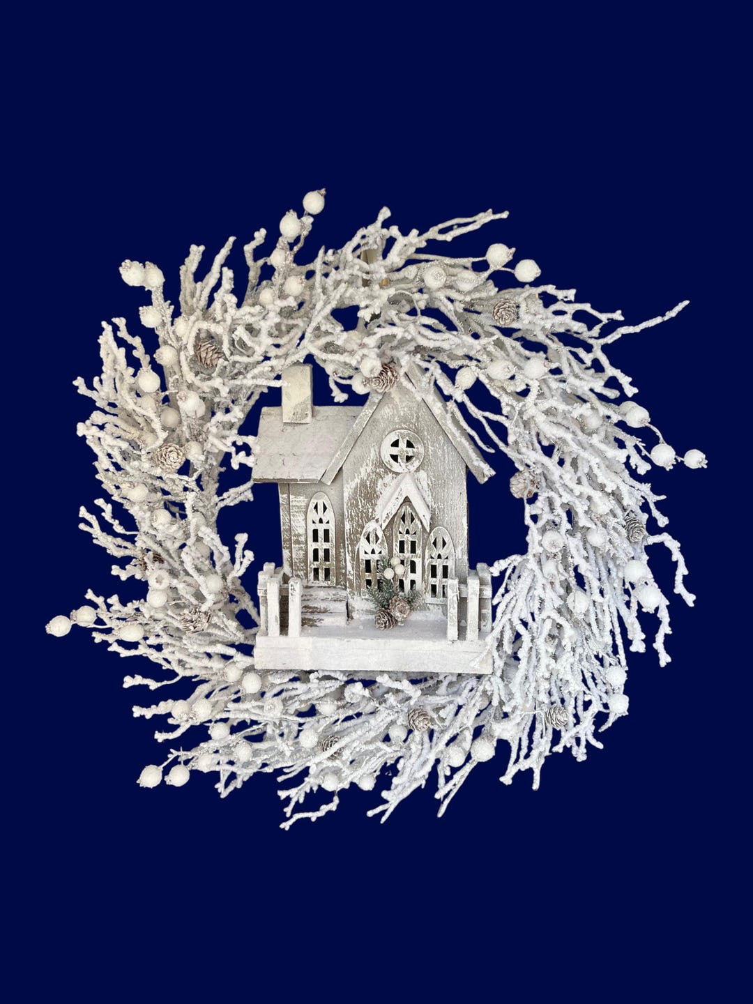 Winter Snow Twig Wreath With Lighted Wooden Church - Etsy