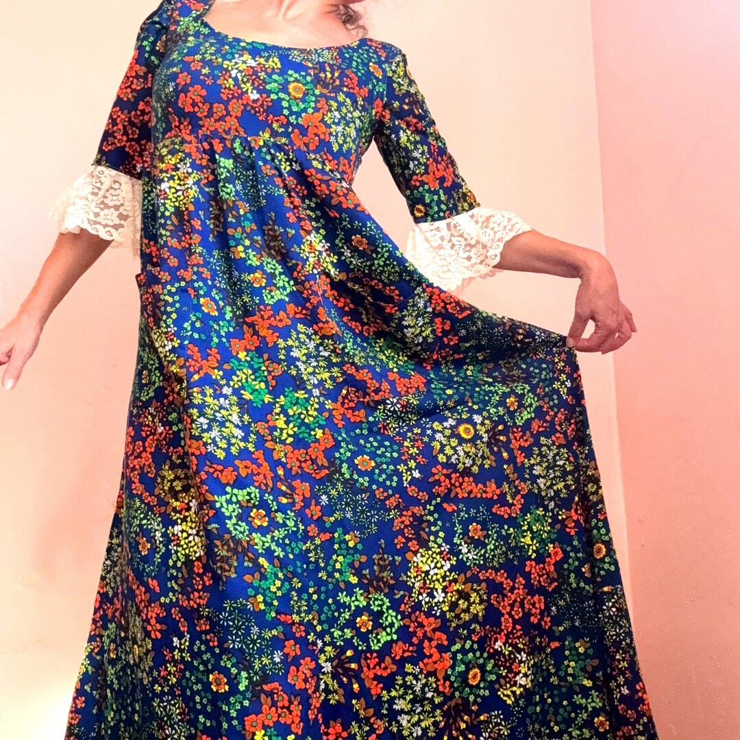 Vintage 1970s Peasant Princess Floral Maxi Dress Sz S Empire Waist Lace ...
