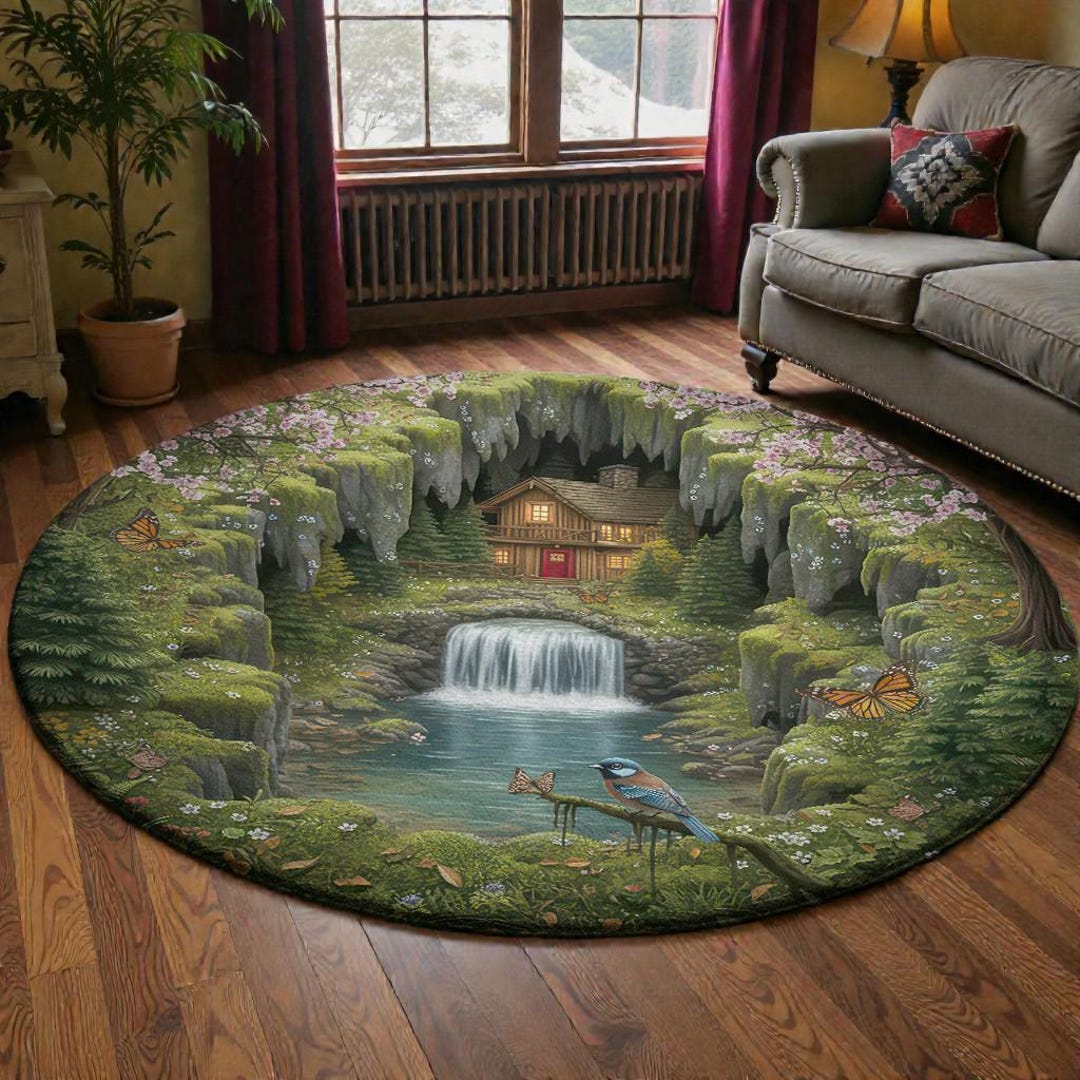 3D Nature Waterfall Cabin Round Rug, Spring Forest Cave Optical ...