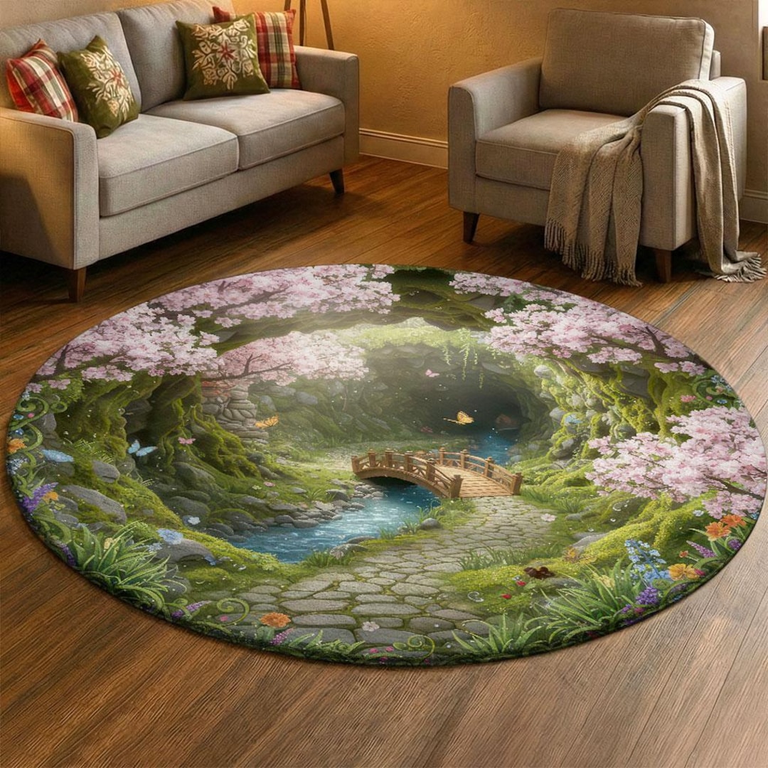 Enchanted Forest Bridge Round Rug 3D River Tunnel Optical Illusion Mat ...